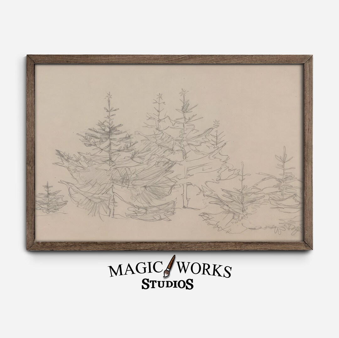 Printable Tree Drawing | Vintage Rustic Forest Landscape | Downloadable ...