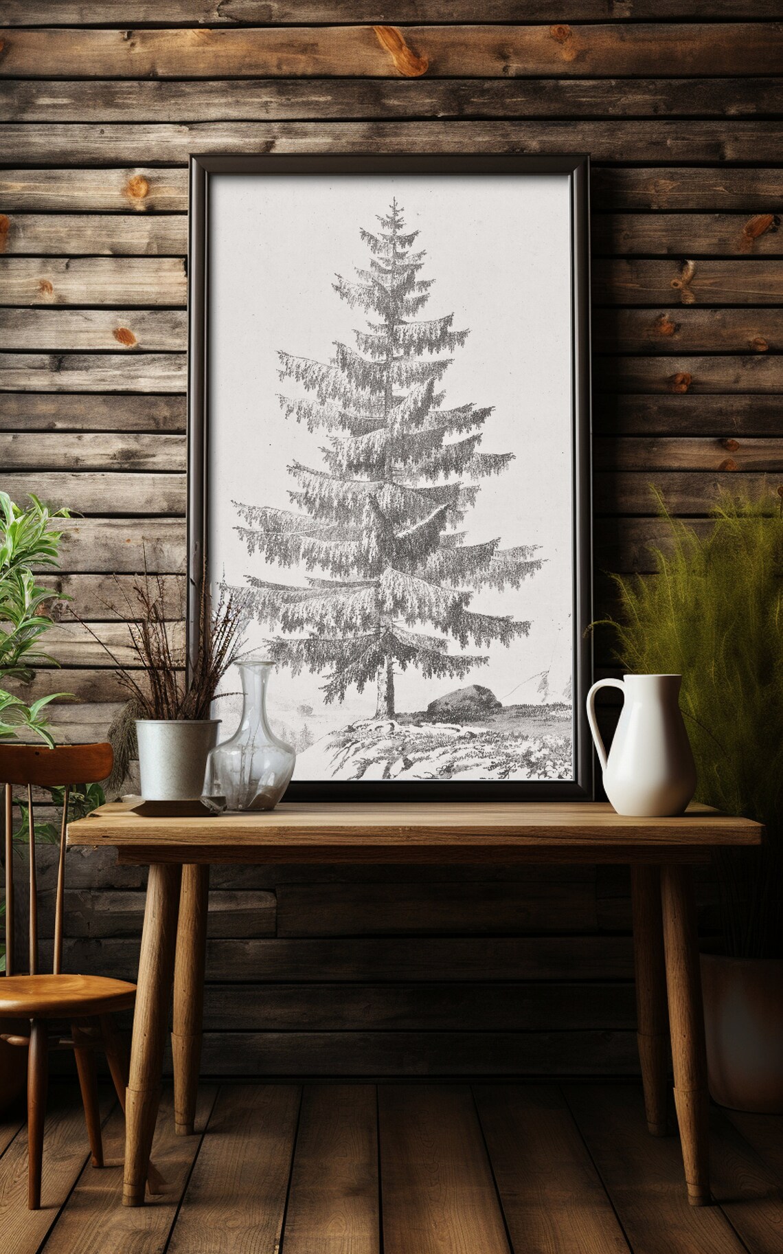 Printable Hillside Lone Pine Tree Sketch, Vintage Tree Wall Art, Pine ...