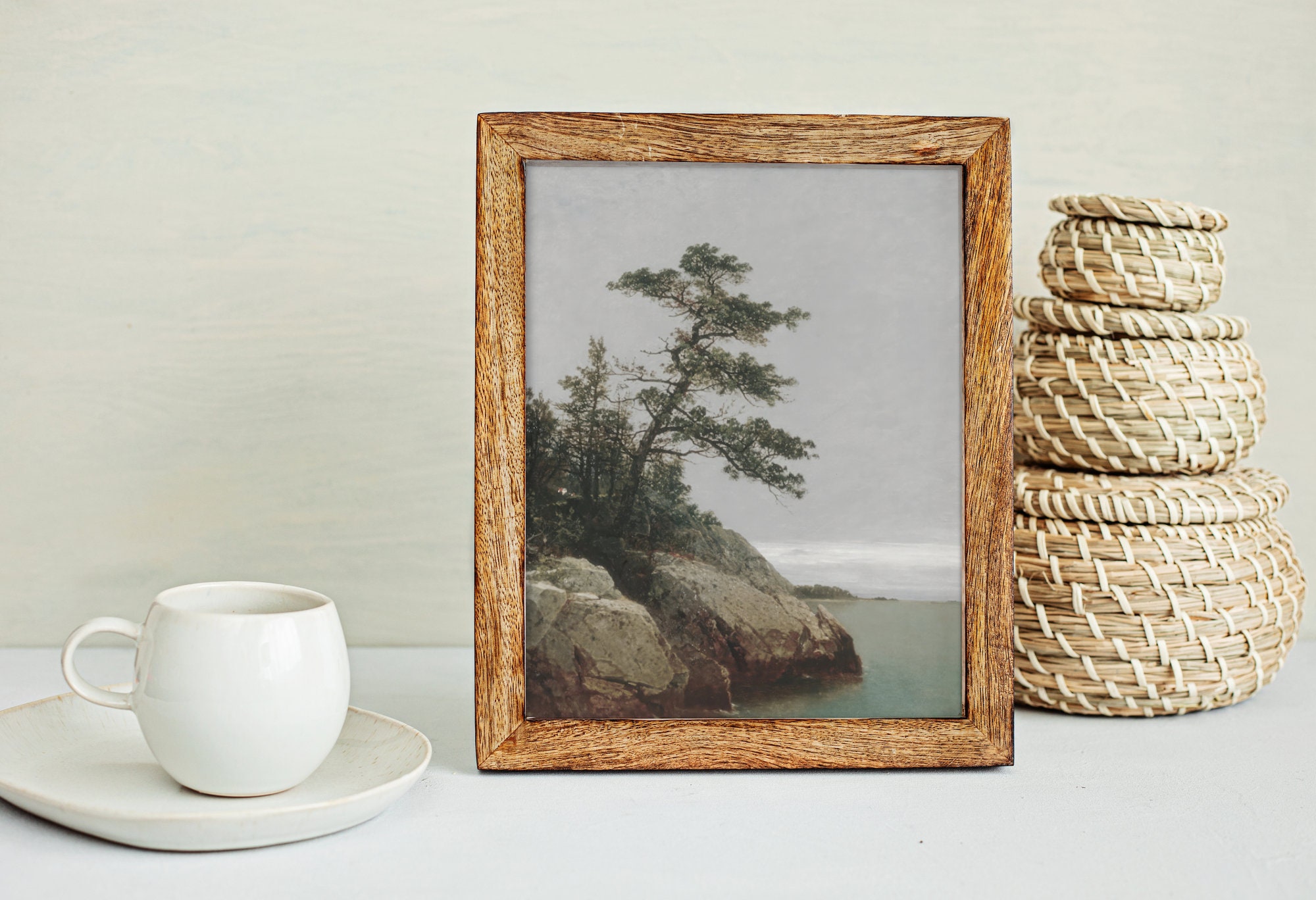 Printable Vintage Coastal Tree Painting Ocean Landscape Wall Art ...