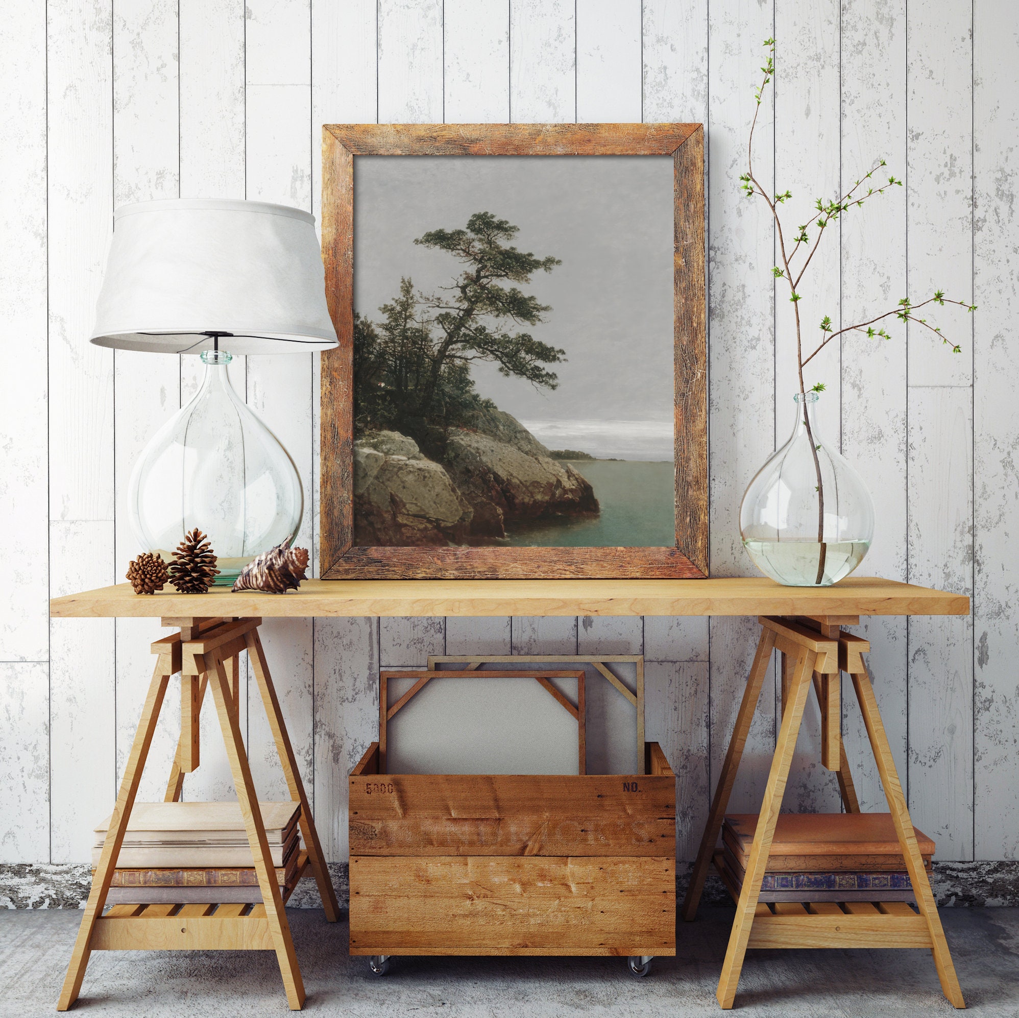 Printable Vintage Coastal Tree Painting Ocean Landscape Wall Art ...