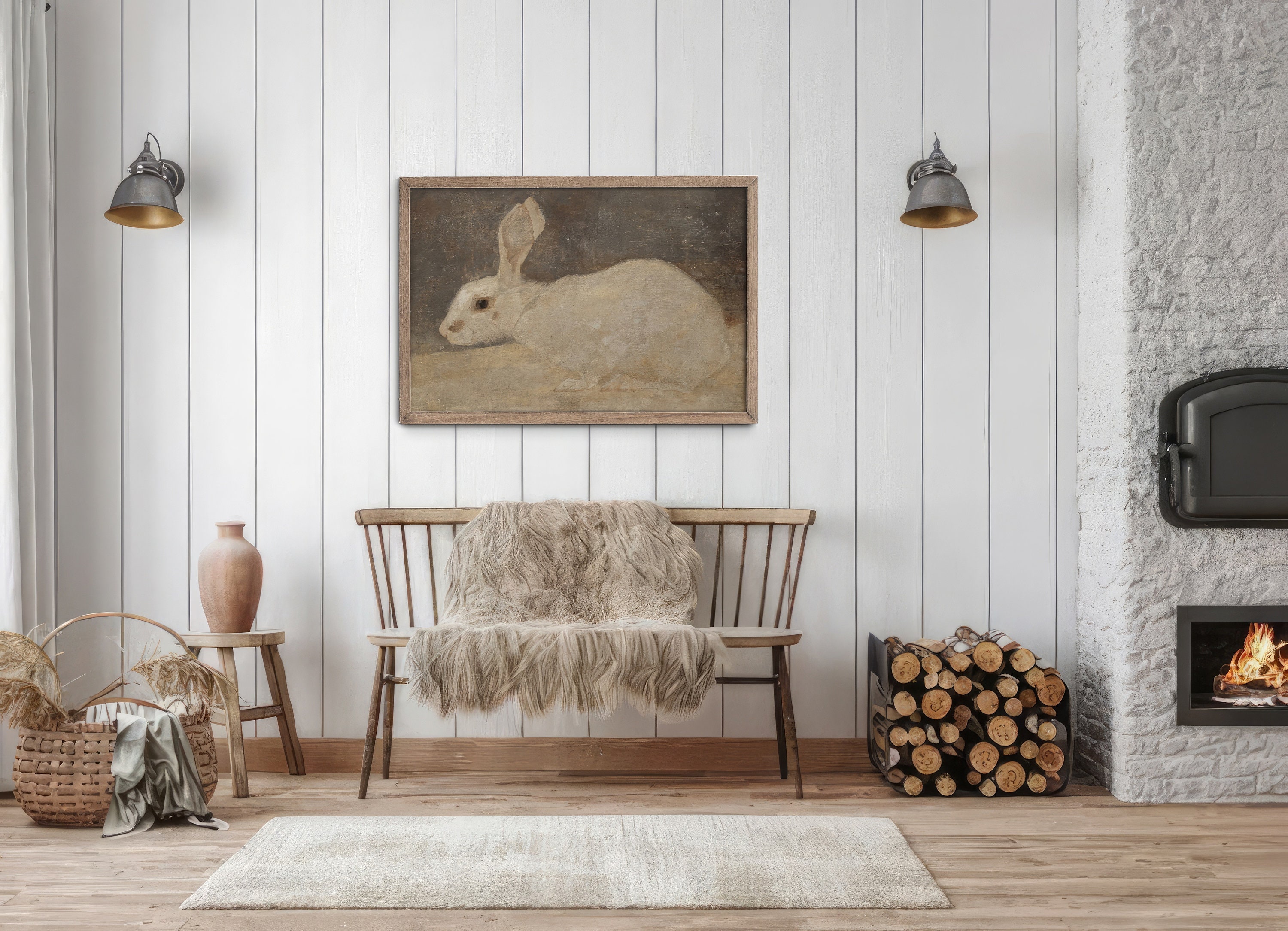 Printable Rustic White Rabbit Print Vintage Rabbit Painting Printable ...