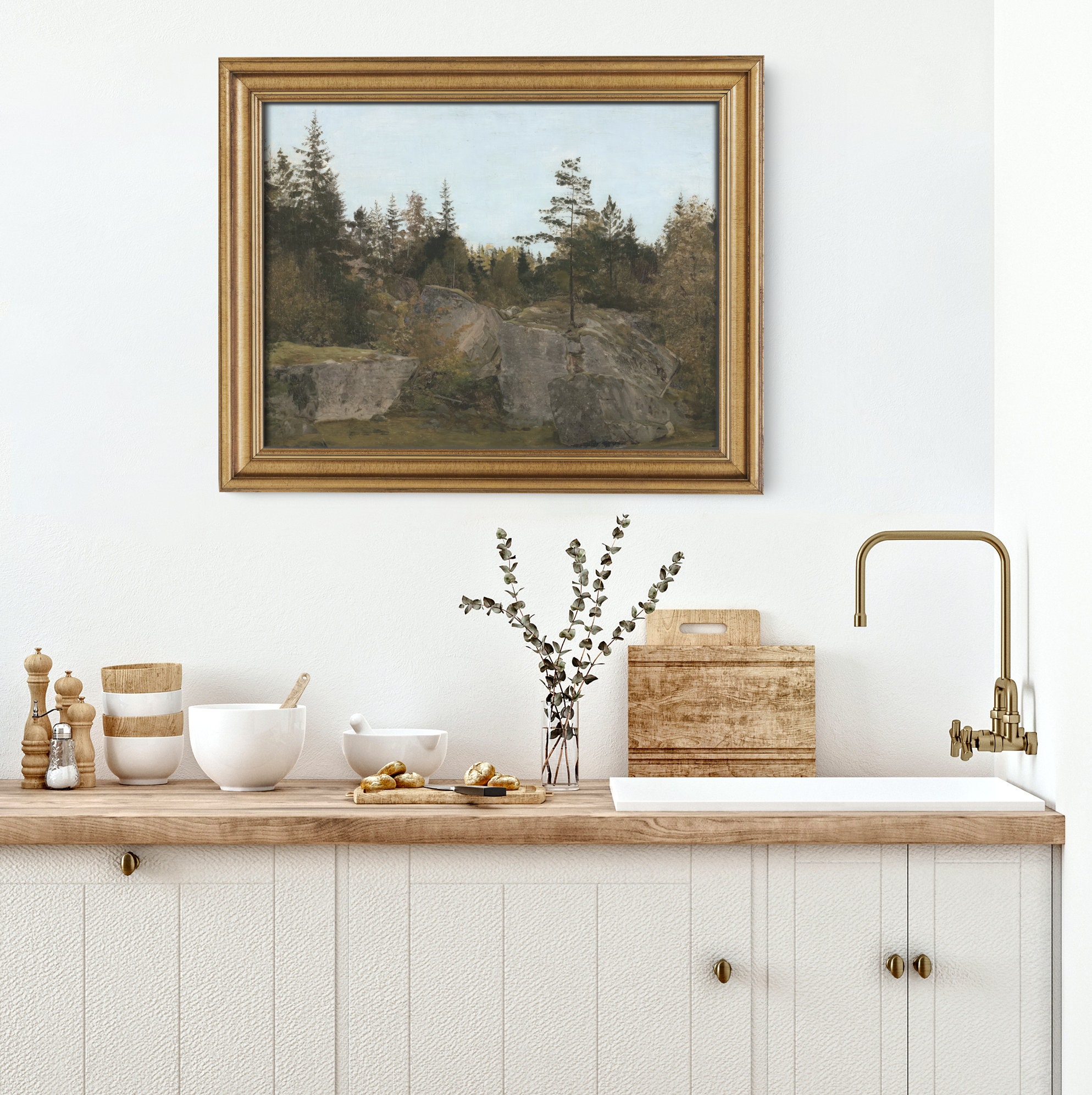 Printable Vintage Rustic Forest Tree Painting Mountain Forest Wall Art ...
