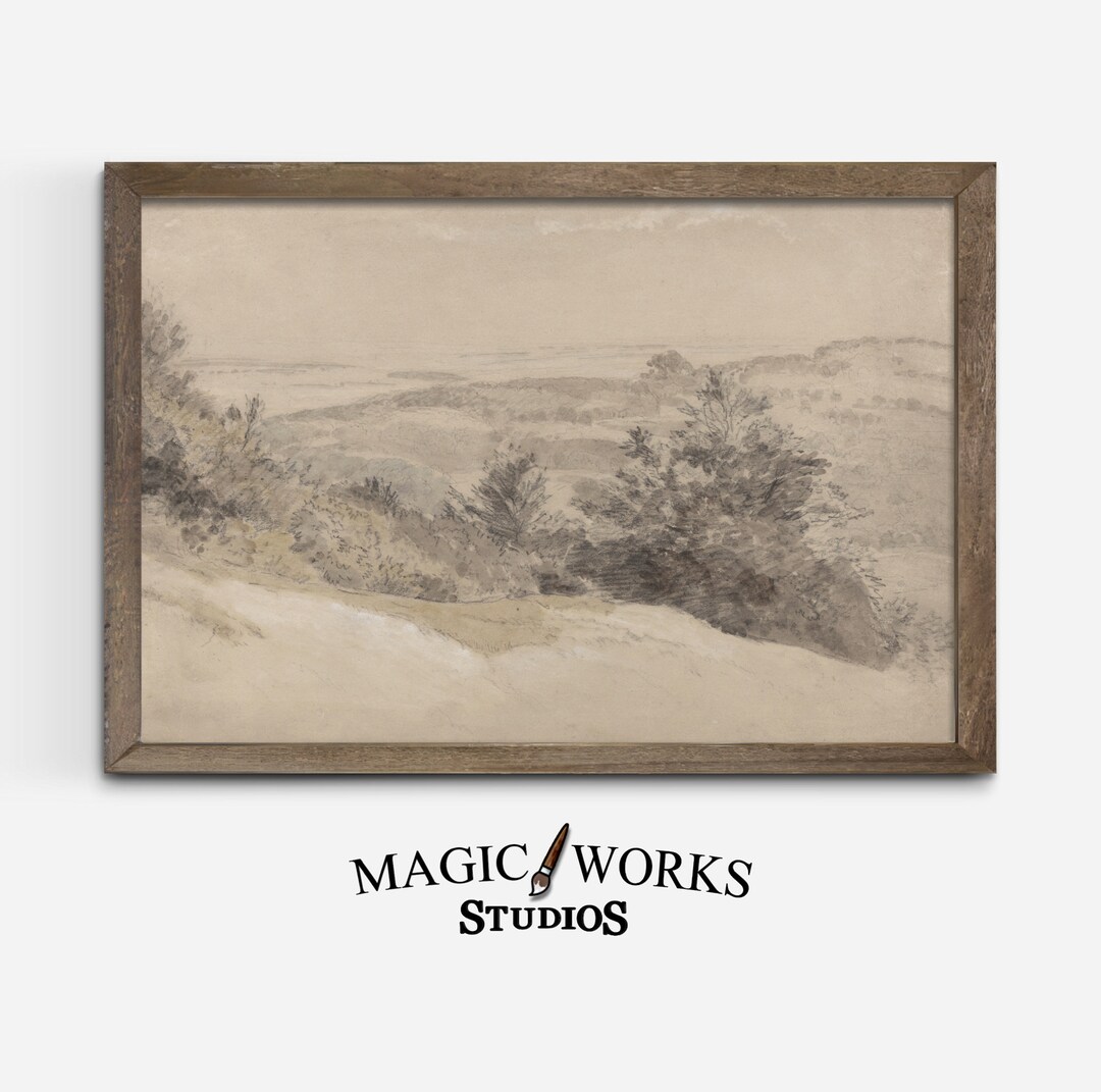 Vintage Printable Painting Fall Winter Hillside Bushes Digital Download ...