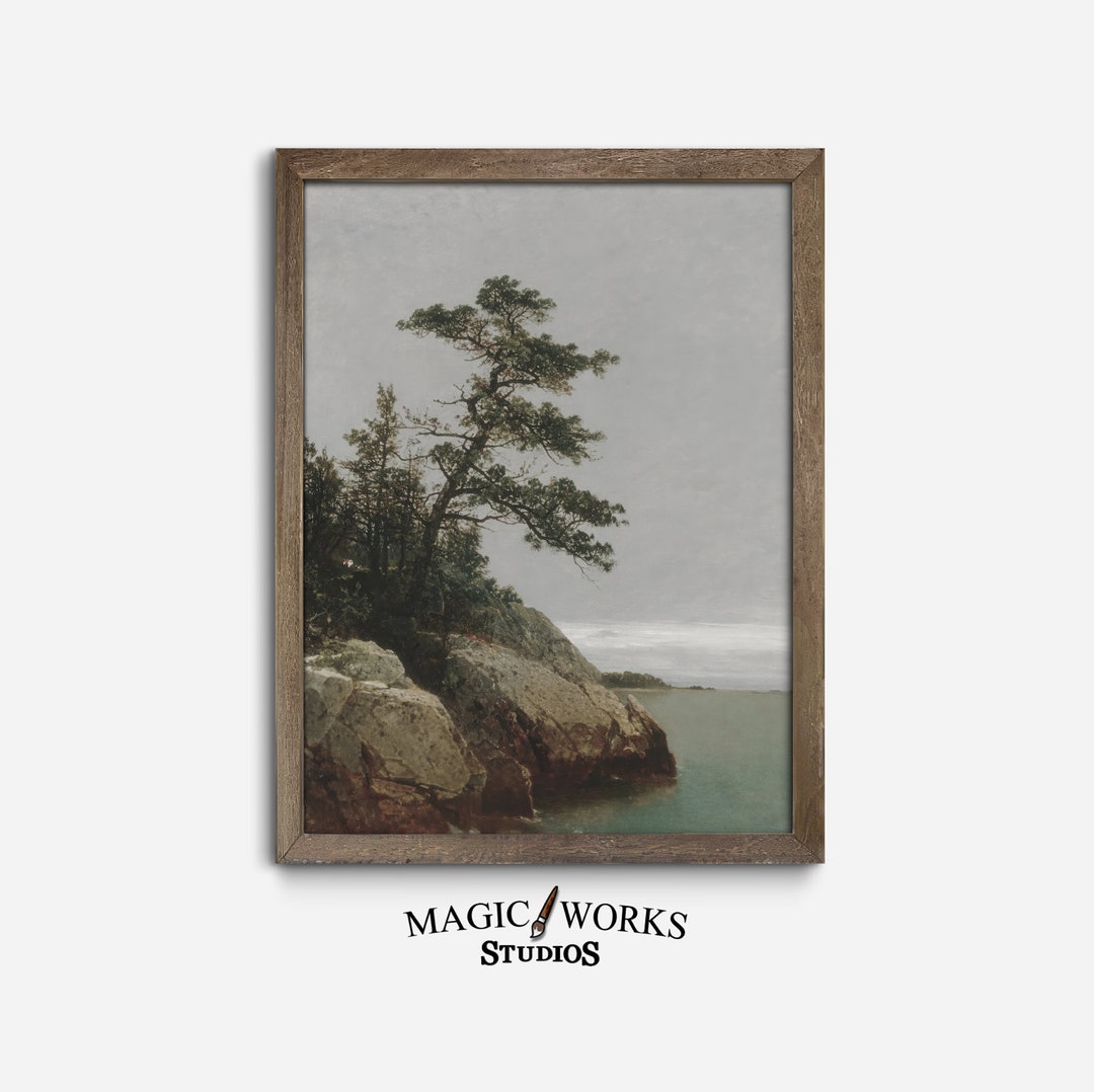 Printable Vintage Coastal Tree Painting Ocean Landscape Wall Art ...