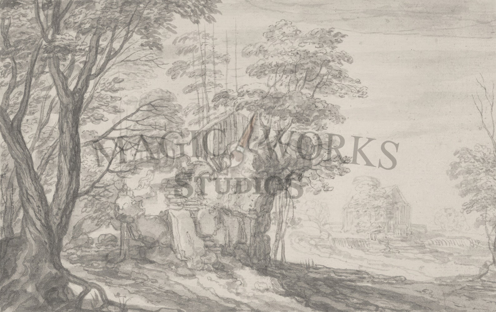 Vintage Forest Landscape Art Print, Tree Wall Art, Forest Drawing ...