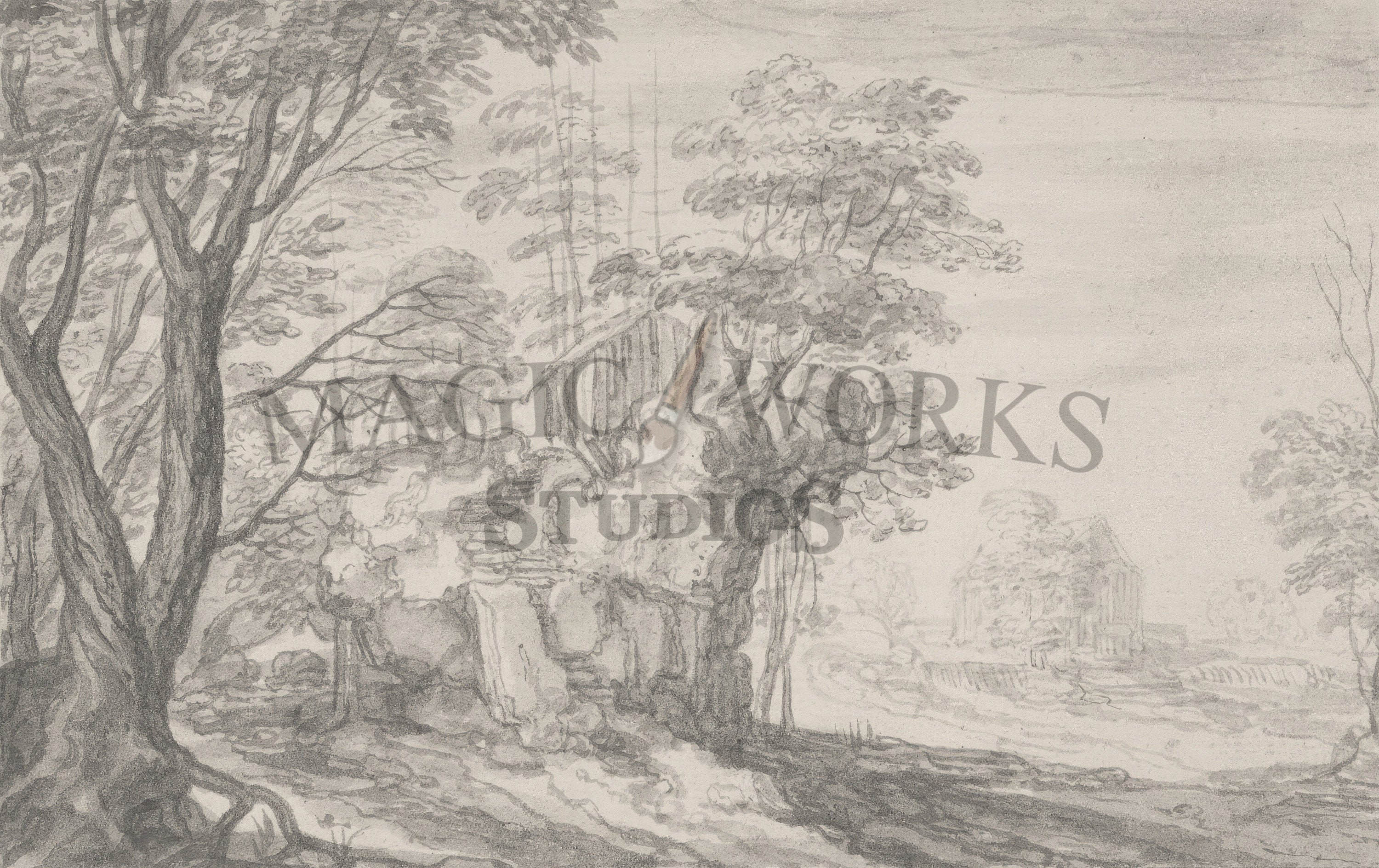 Vintage Forest Landscape Art Print, Tree Wall Art, Forest Drawing ...