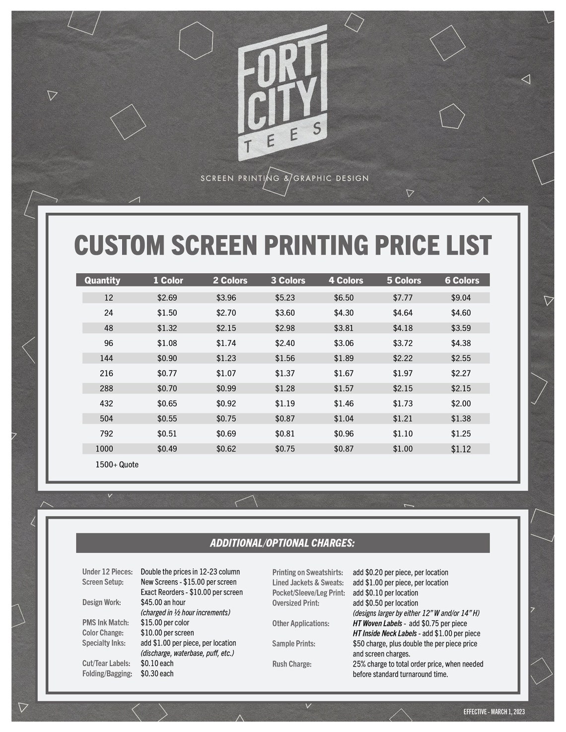 Screen Printing PRICE LIST Template Editable. Printable Price Sheet ...