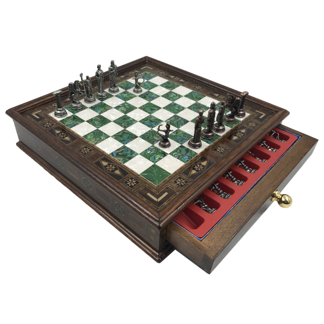 Chess Set With Drawer Green Chessboard With Ancient Roman Pieces ...
