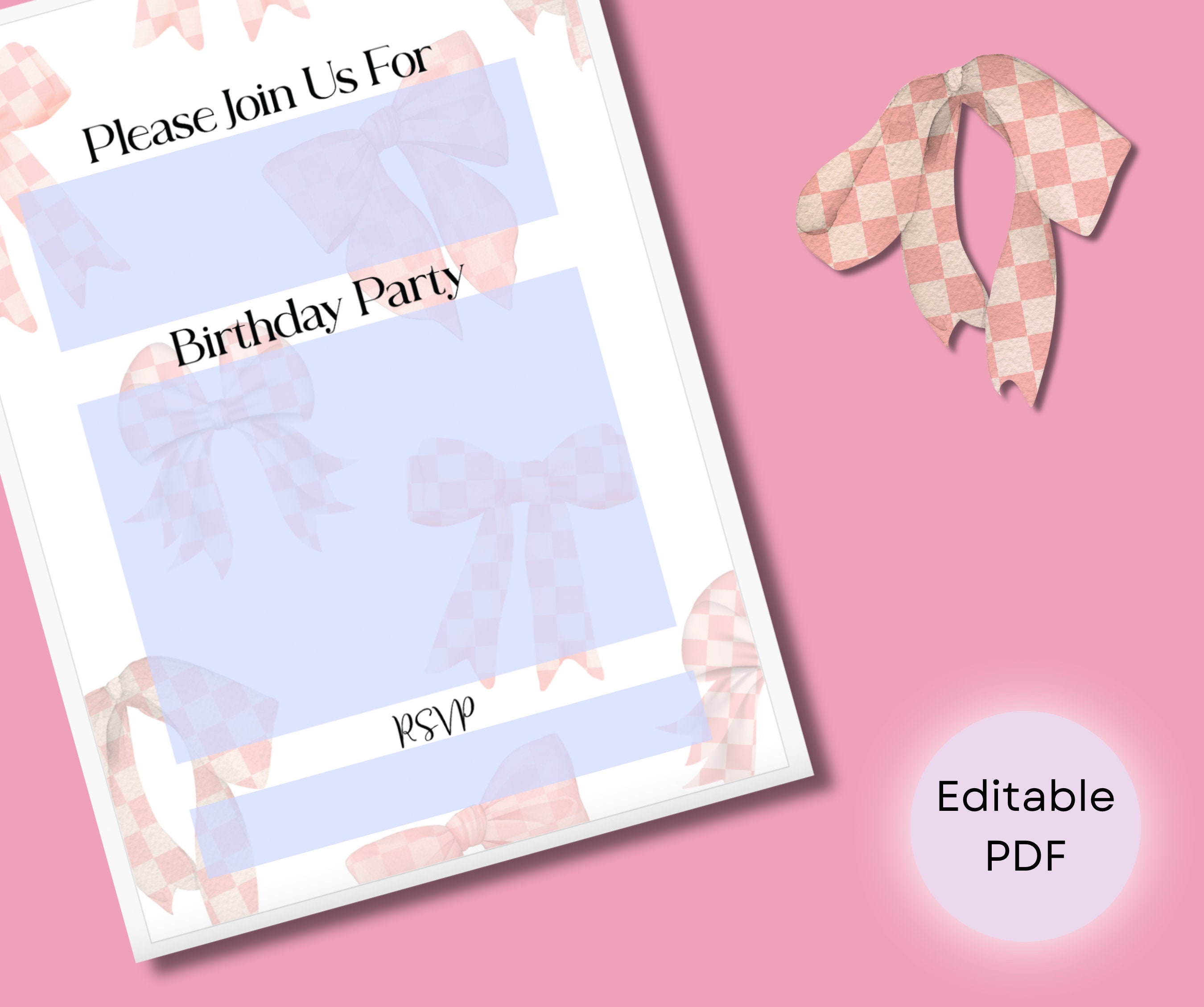 Girl's Birthday Party Invitation Printable Checked Bow First Invite ...