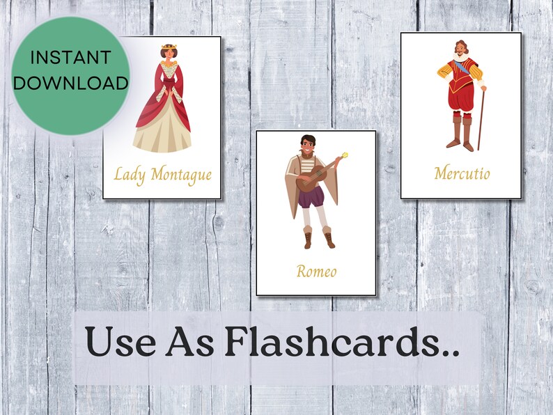 Romeo and Juliet Character Flashcards for Game Printable Romeo and ...