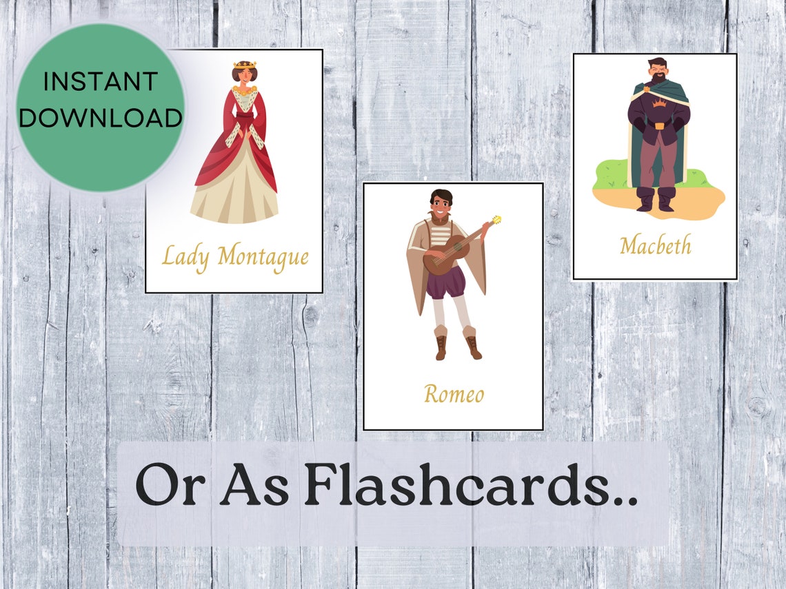 Macbeth and Romeo and Juliet Character Flashcards for Guessing Game Printable Shakespeare ...