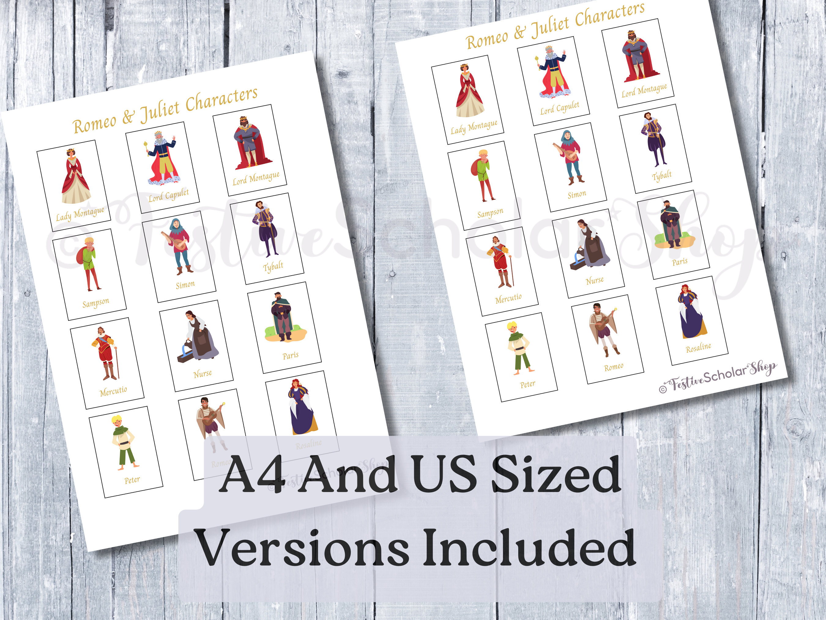 Romeo and Juliet Character Flashcards for Game Printable Romeo and ...