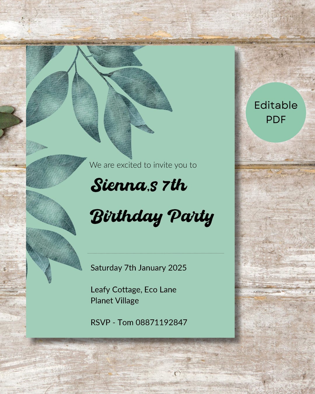 Eco Birthday Invitation Green Leaf Party Invite Editable Leaves Custom ...
