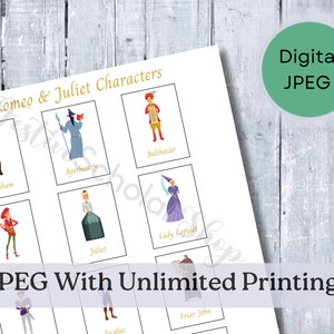 Romeo and Juliet Character Flashcards for Game Printable Romeo and ...