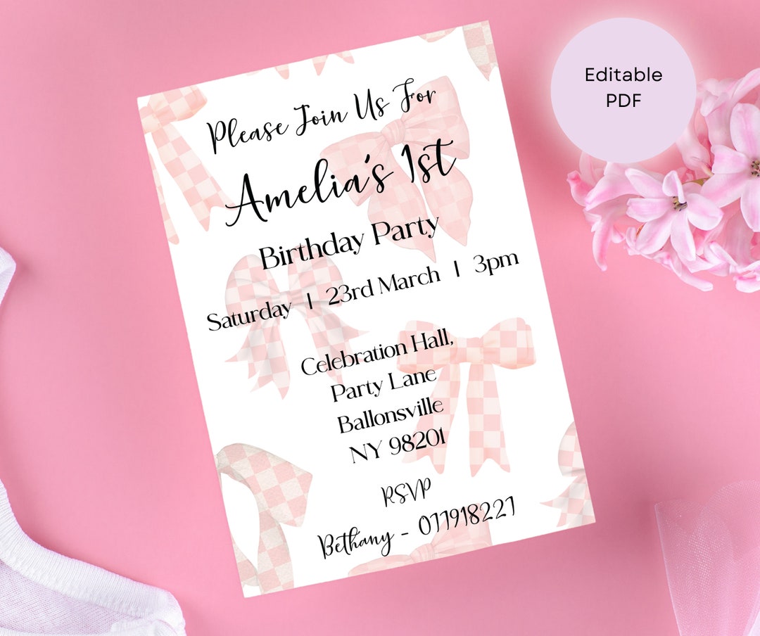 Girl's Birthday Party Invitation Printable Checked Bow First Invite ...