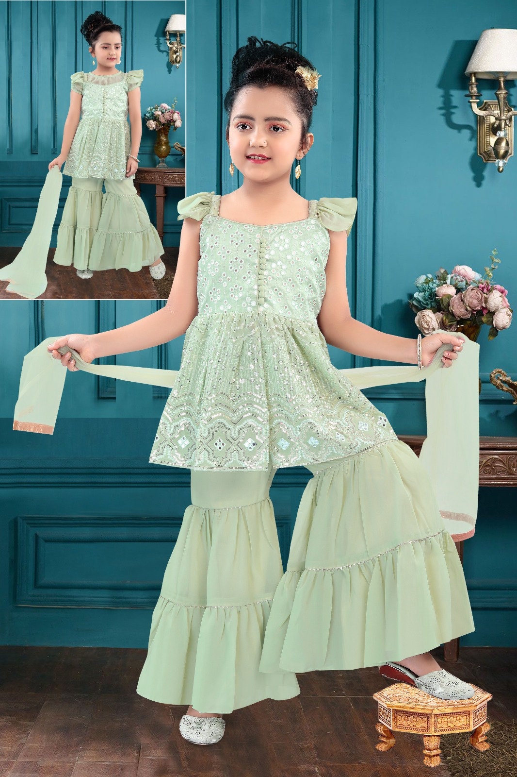 Girls Sharara Sequins Embroidered Work & Dupatta /palazzo Set Girls ...
