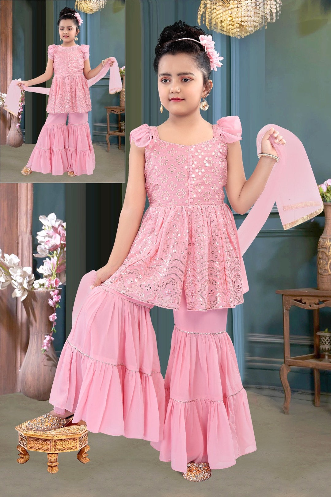 Girls Sharara Sequins Embroidered Work & Dupatta /palazzo Set Girls ...