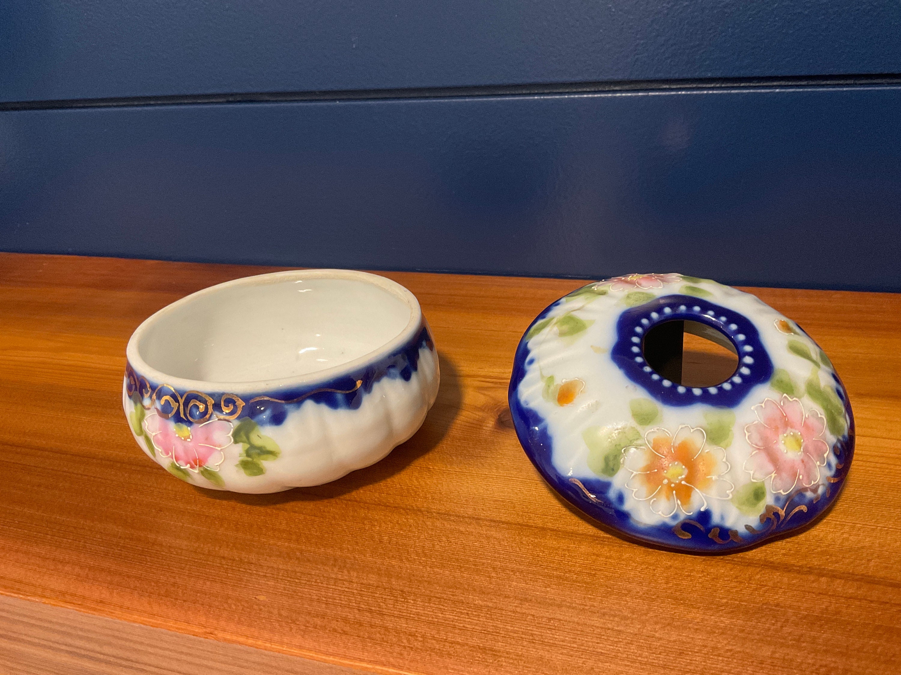 Vintage, Porcelain Hair Receiver, Cobalt Blue With Pink and Orange ...