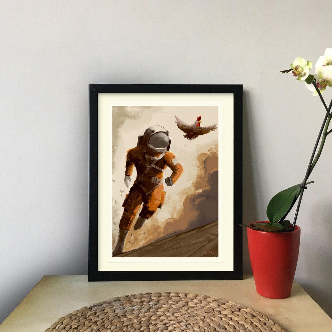 Astronaut Chicken Hen Illustration, Astronaut Run, Original Art ...