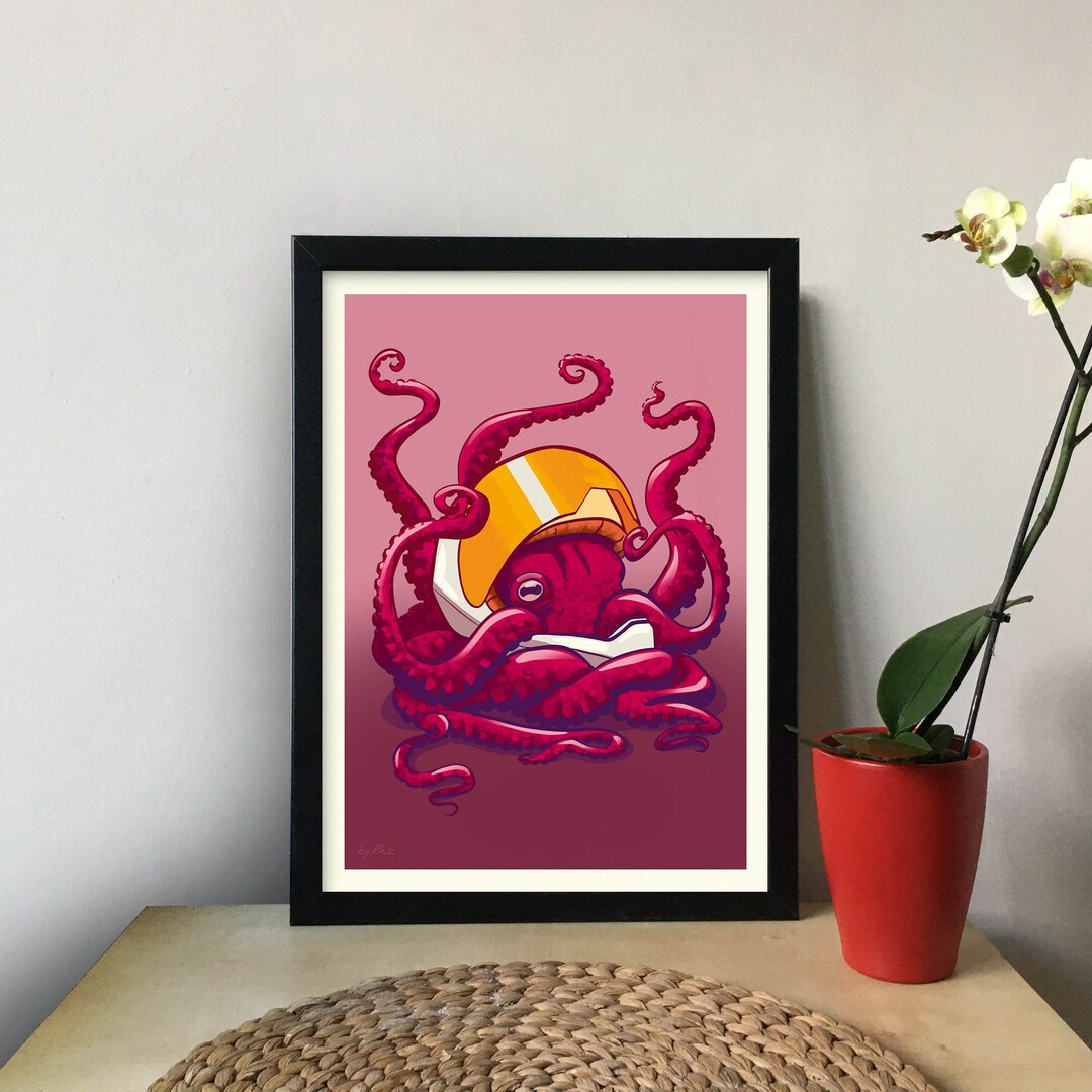 Beautiful Illustration, Octopus in Helmet , Original Art, Printable Art ...