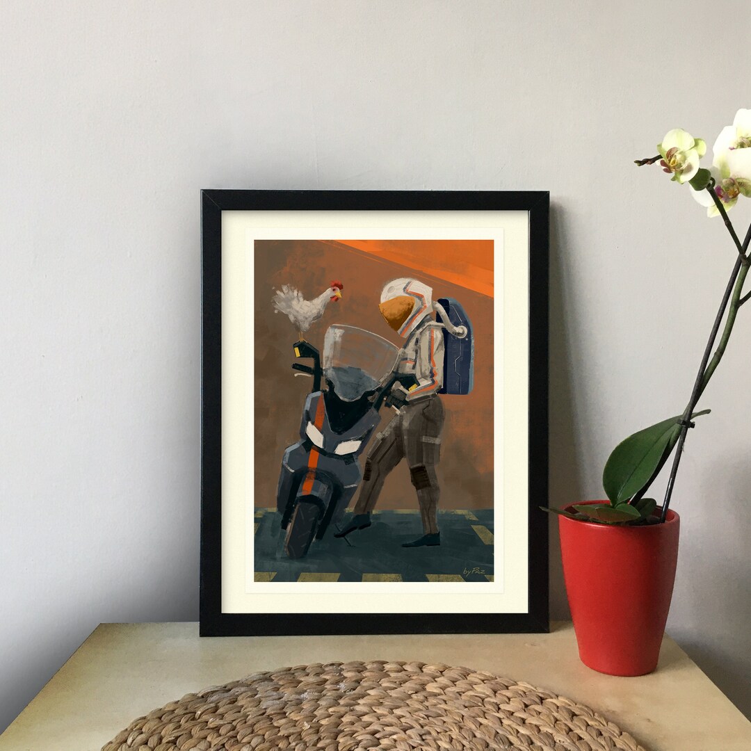 Astronaut Chicken Hen Friend Illustration, Astronaut Run, Original Art ...