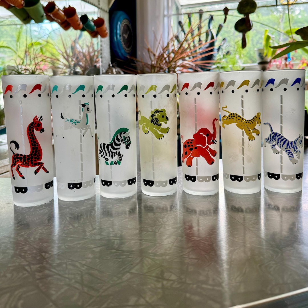 Set of 7 MCM Libby Carousel Frosted Glasses Tom Collins Bar Glass ...