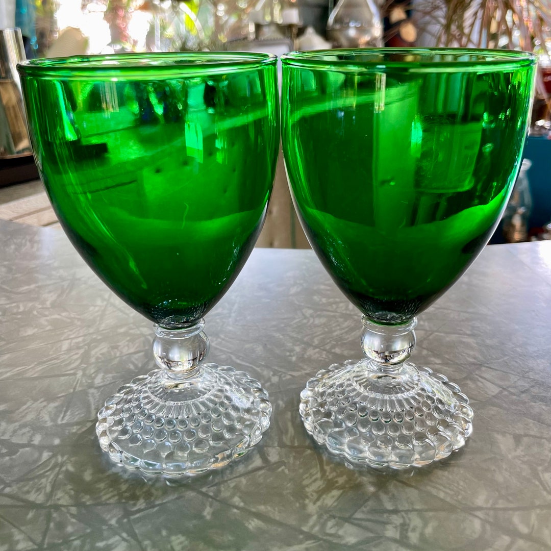 2 Mid Century Emerald Green Footed Water or Wine Goblet With Bubble ...