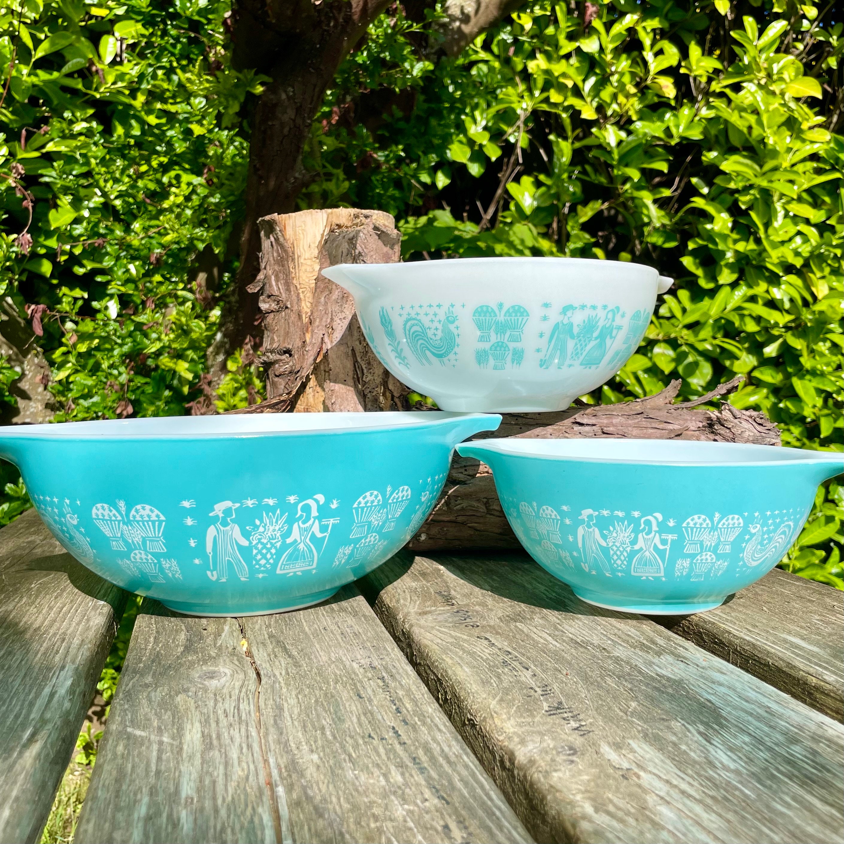 Set of 3 Turquoise Pyrex Butterprint Pattern Cinderella Nesting Bowls ...