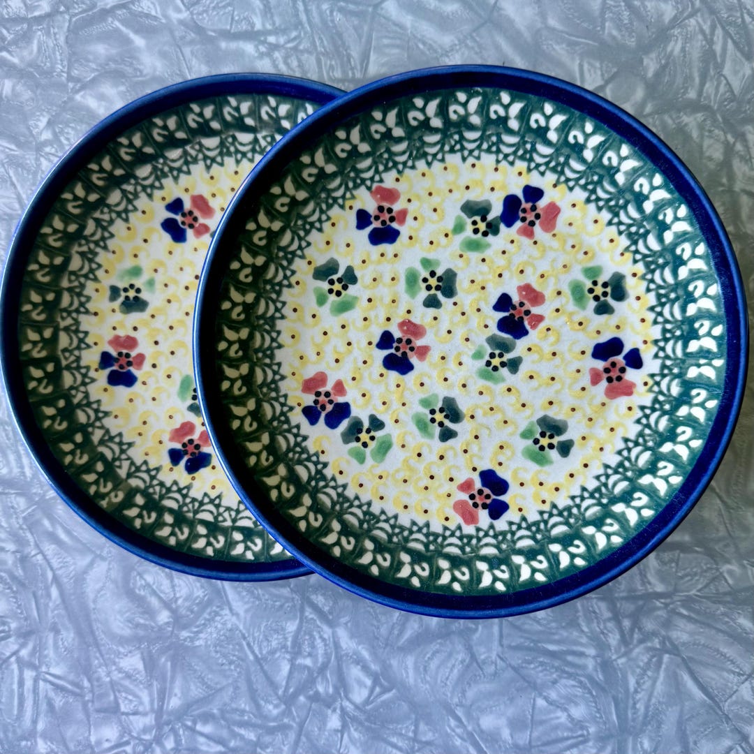 Set of 2 Salad Plates Unikat Boleslawiec Polish Folk Art Pansy Design ...