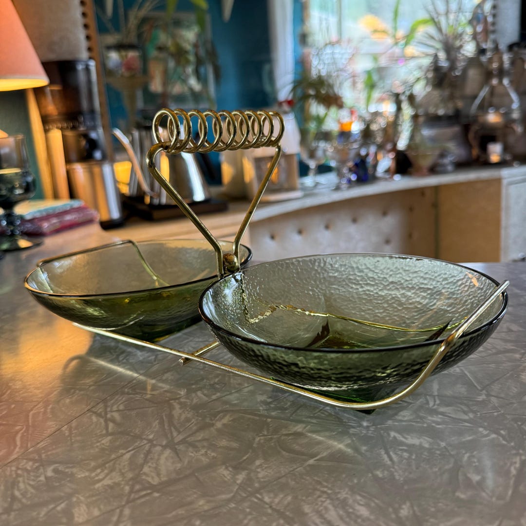 Mid Century Snack Tray Green Pebble Glass With Metal Caddy Hazelware ...