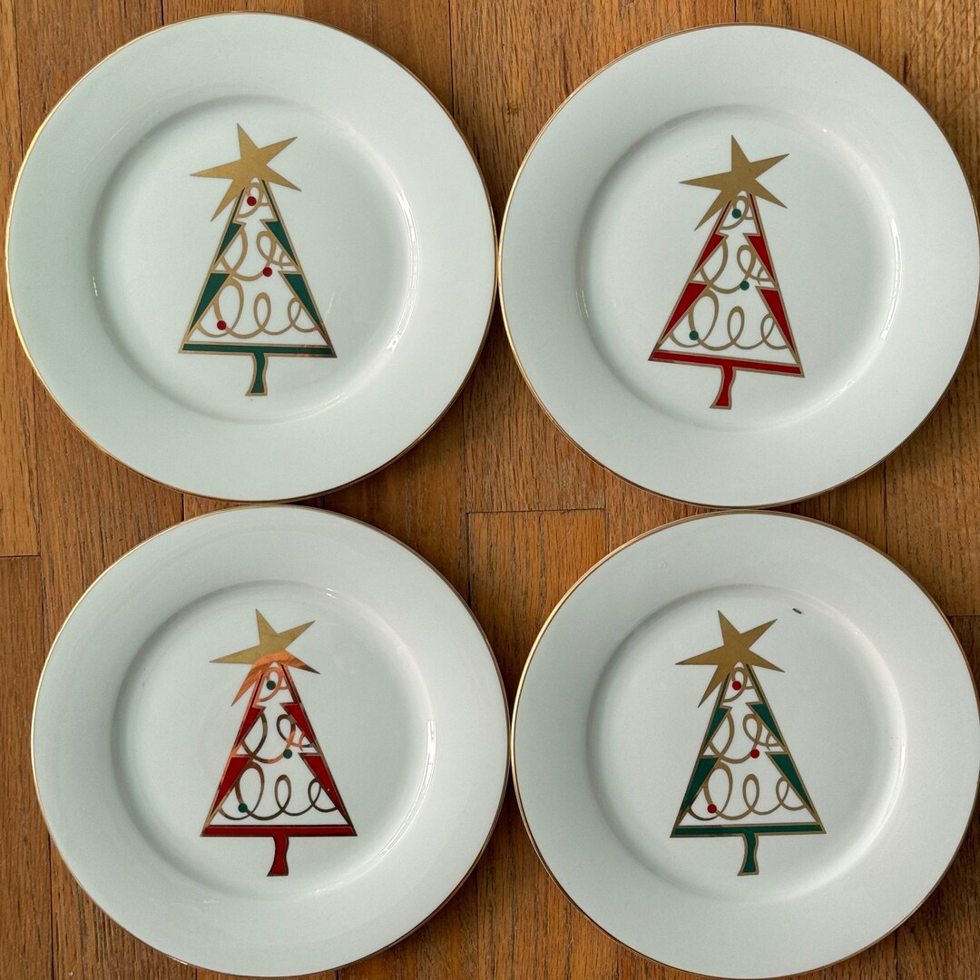 Set of 4 Dessert Plates Pier 1 Christmas Tree Contempory Dessert Snack ...