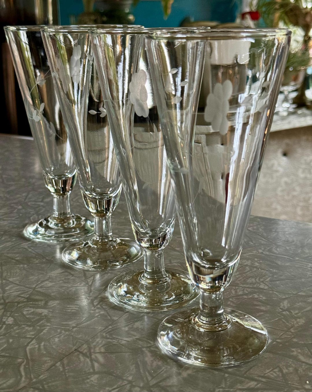 4 Etched Footed Bar Glasses Pilsner Champagne Mimosa Cocktail - Etsy