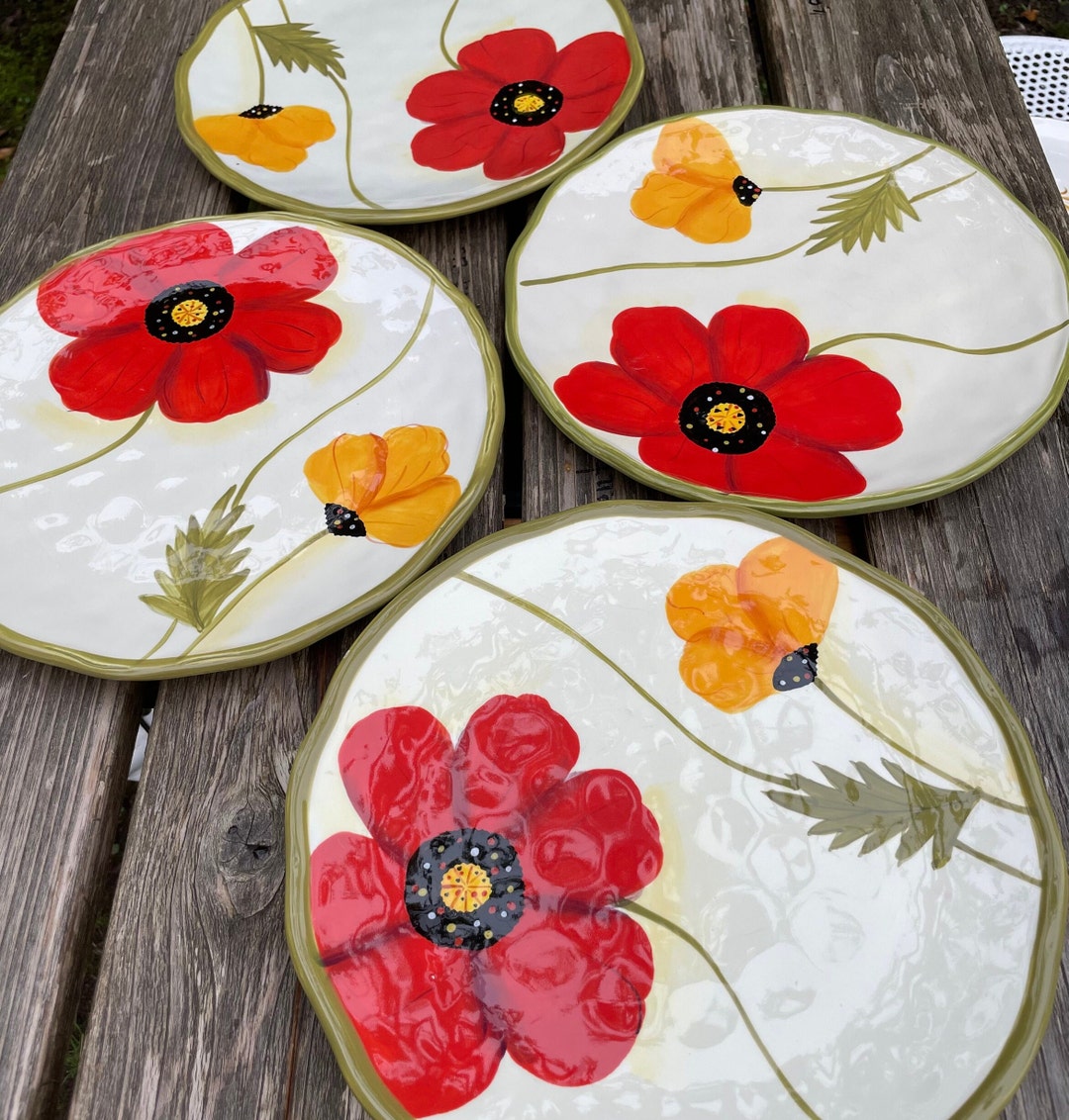 Set of 4 Clay Art Dinner Plates poppies Rare Discontinued - Etsy