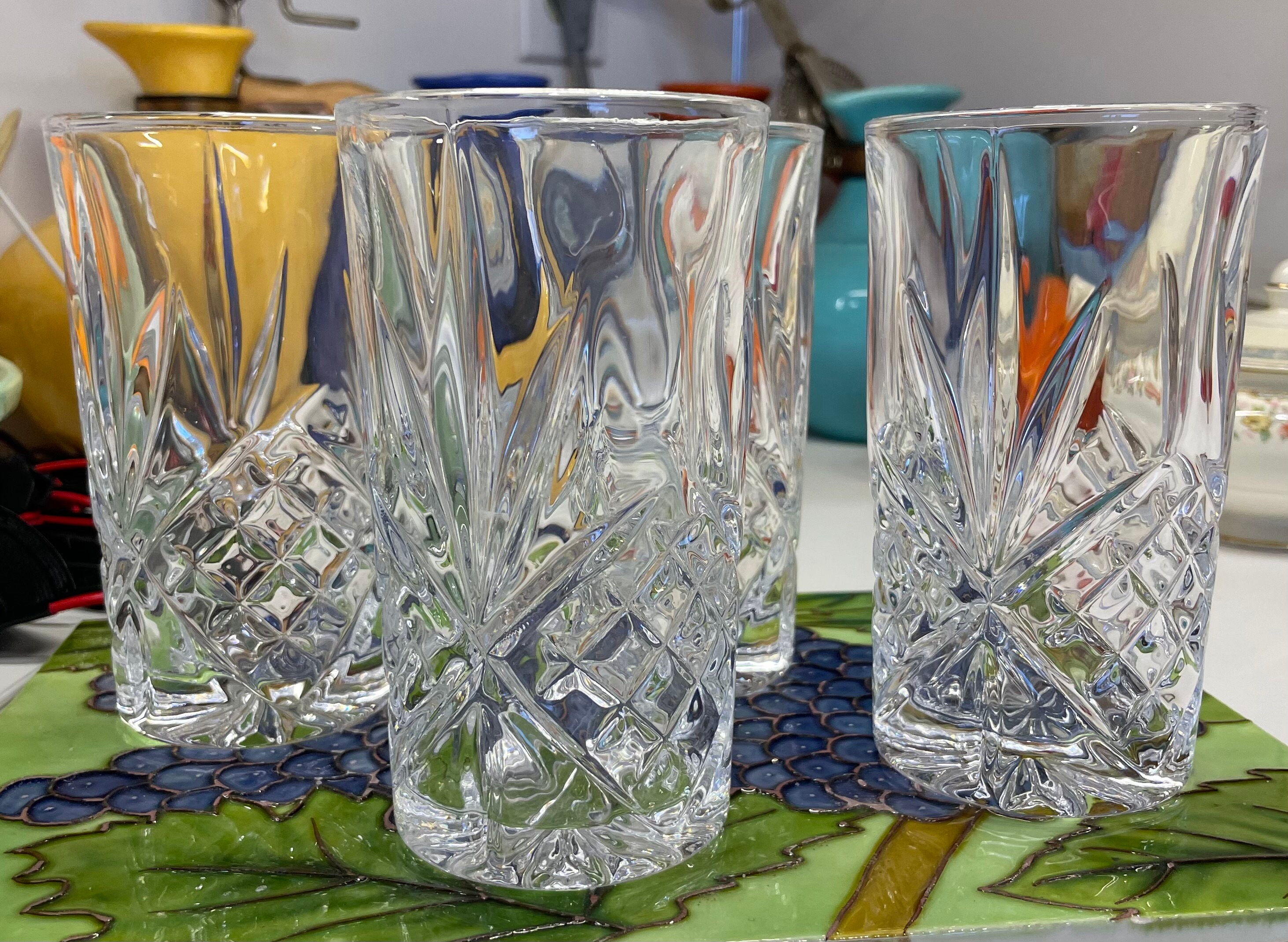 Set of 4 Godinger Crystal Highball Glasses Fan Leaf Design - Etsy