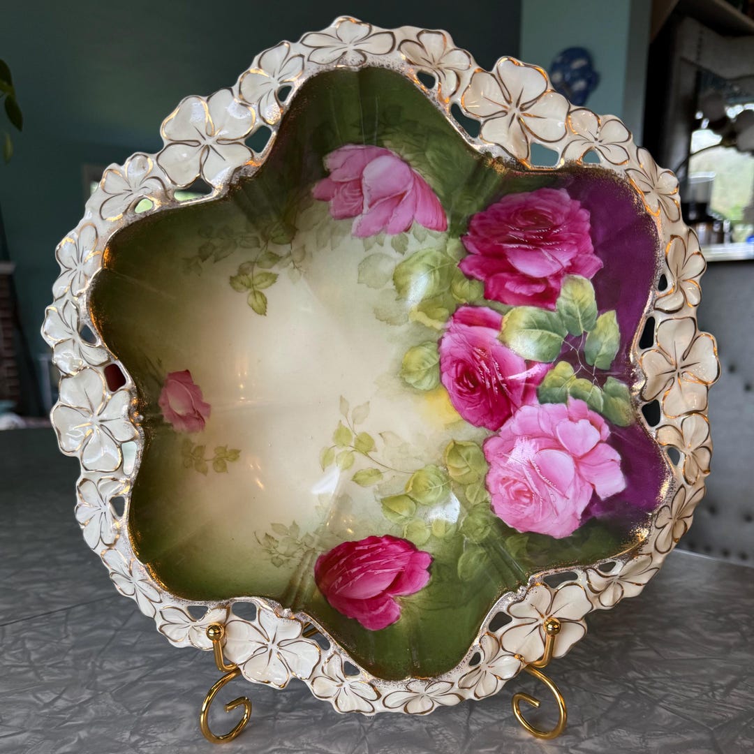 Hand Painted Porcelain Centerpiece Bowl 11 Inch Reticulated Floral Rim ...