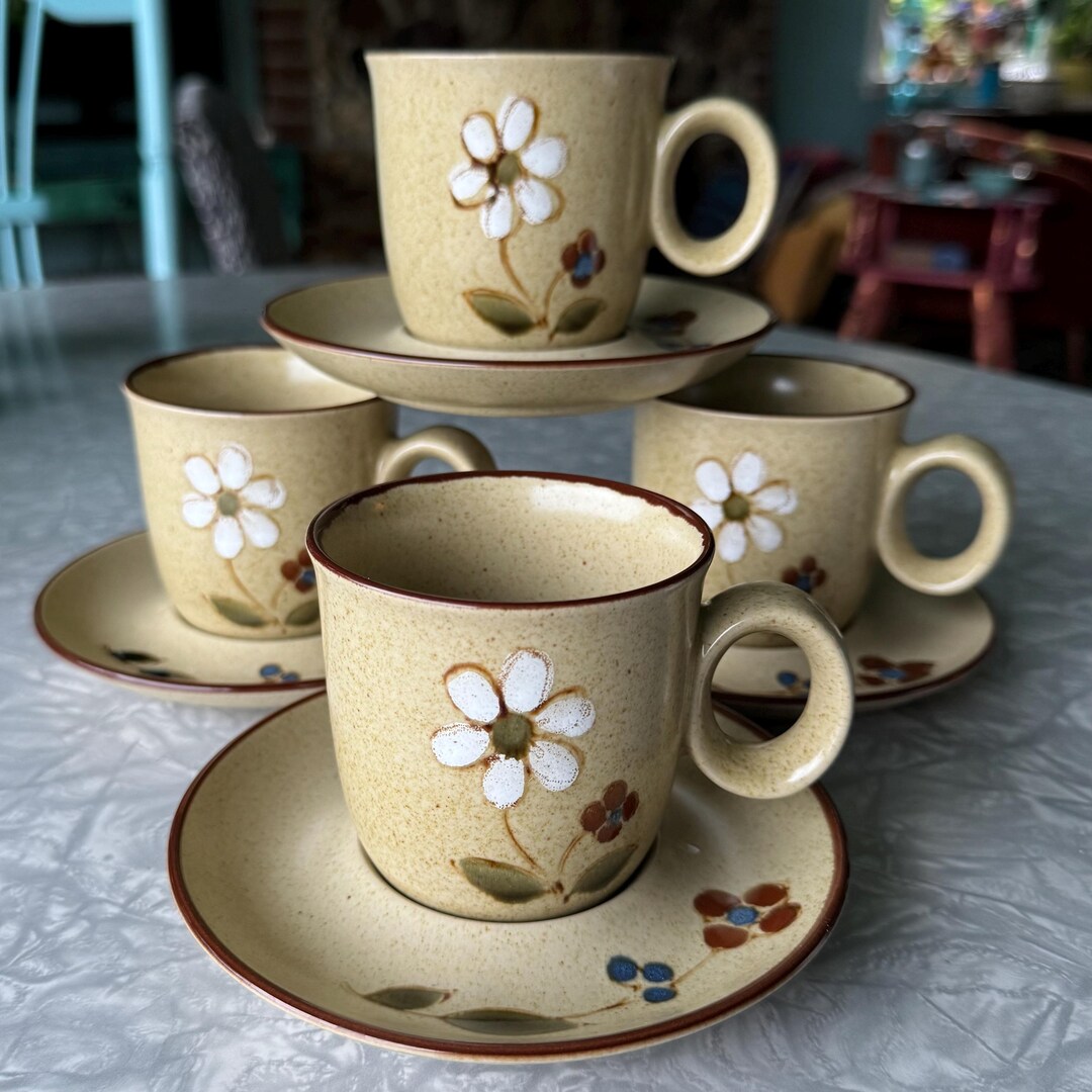 4 Noritake Zest Stoneware Cups and Saucers Vintage 1970's Brown With ...