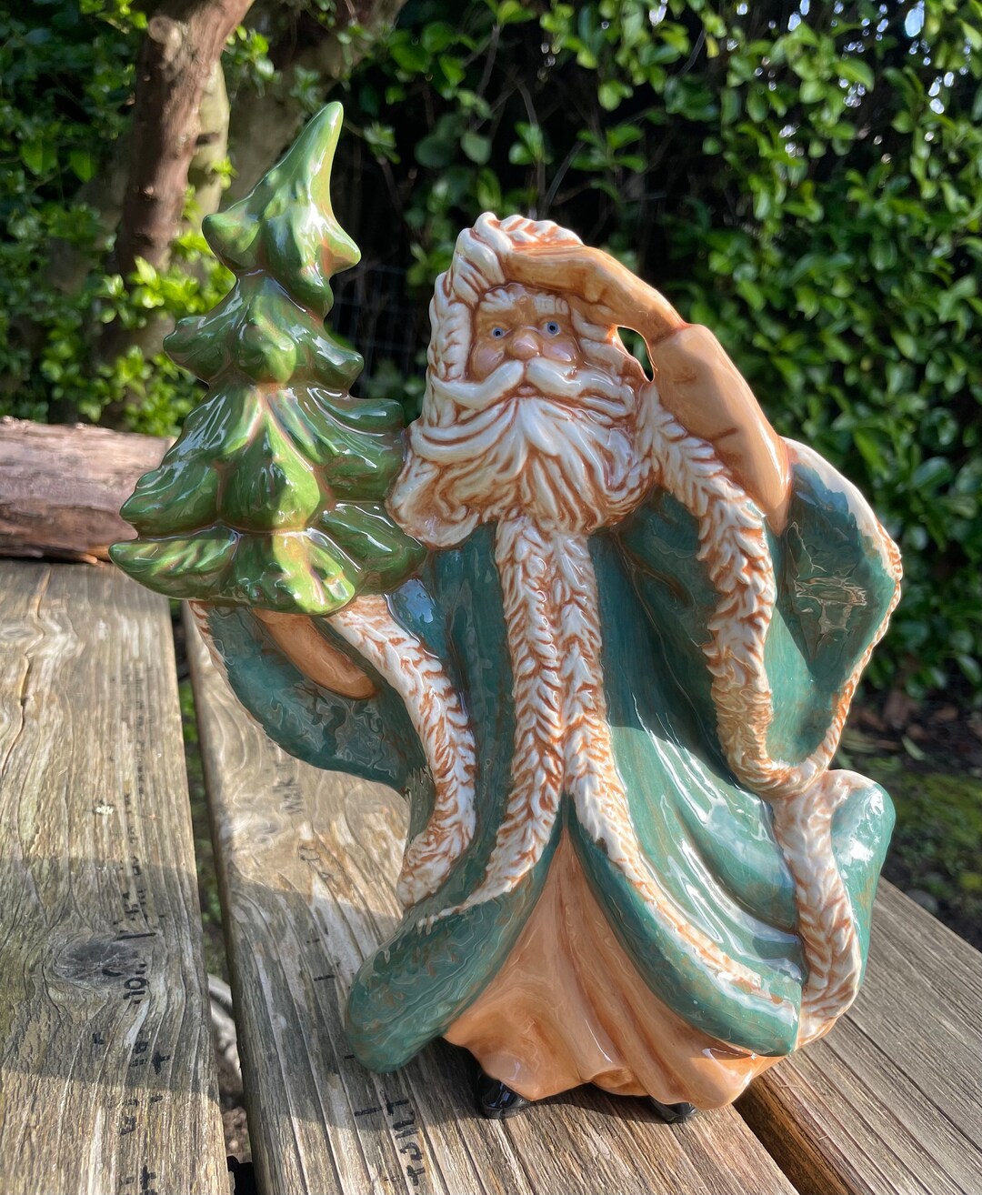 Vintage Old World Santa Holding Tree Peering Through the Snow Celtic ...