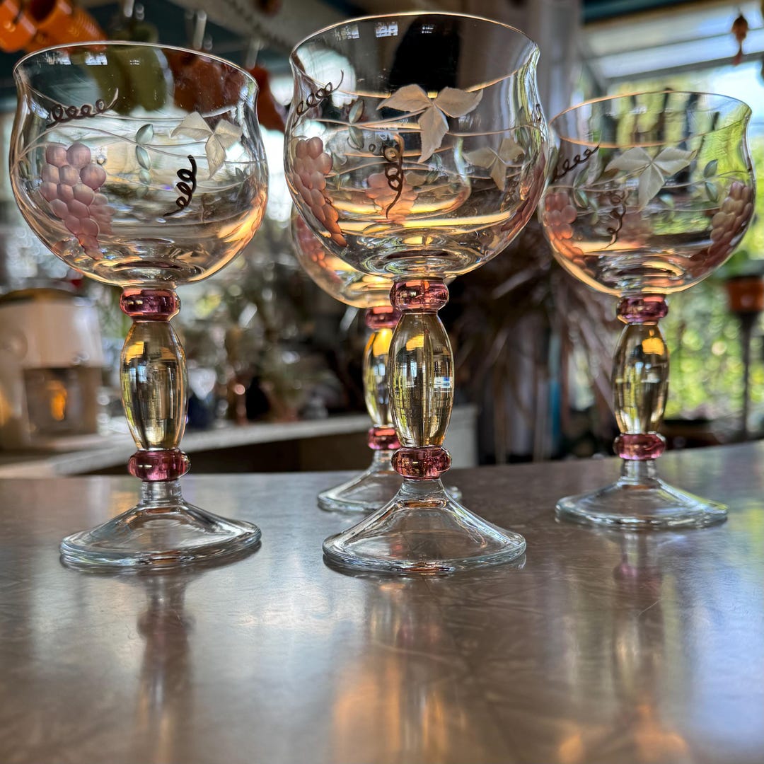 4 Georgio Romanian Cut Crystal Hand Painted Wine Glasses Vintage GMG ...