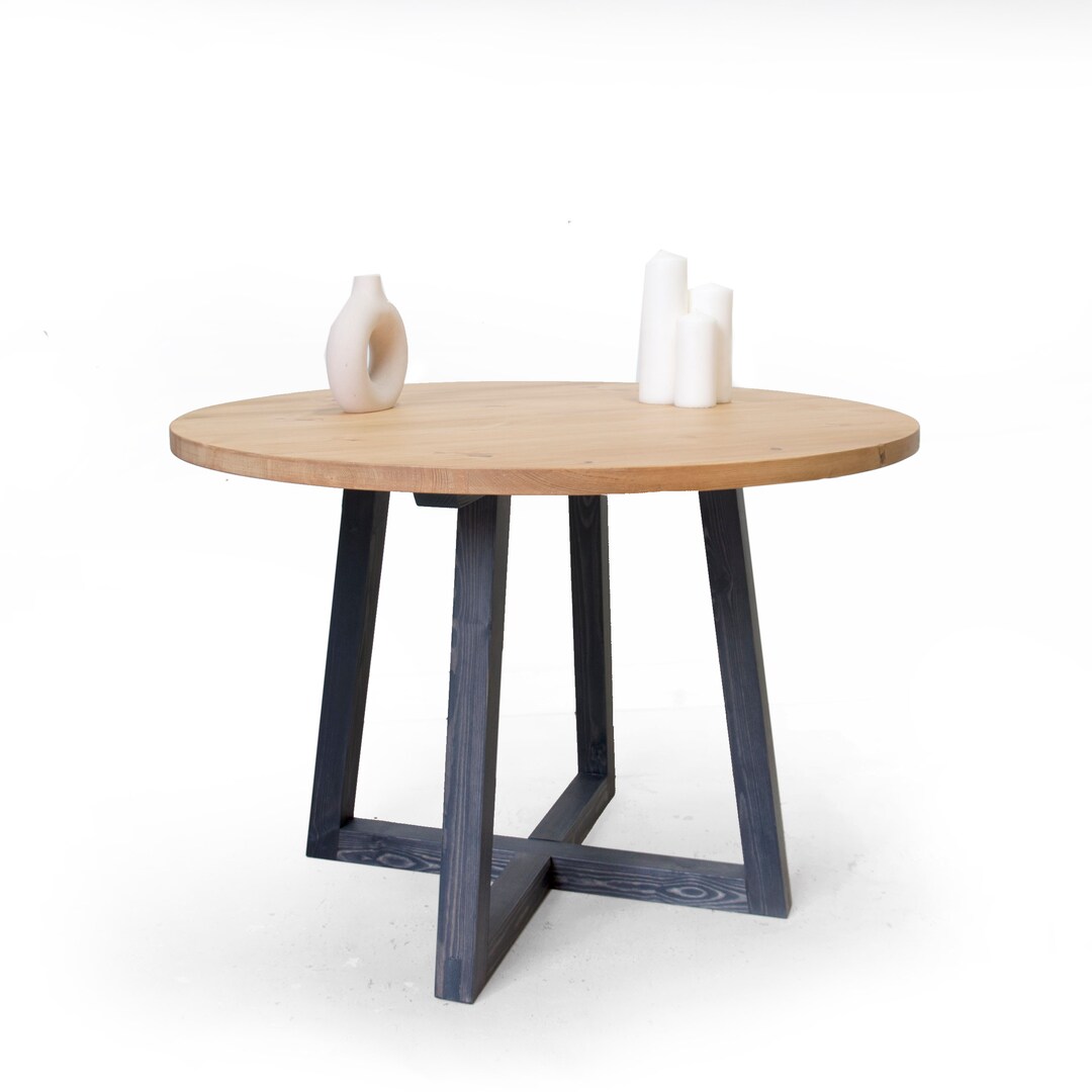 Round Dining Table Solid Pine Wood With Wooden Base Bespoke Handcrafted ...