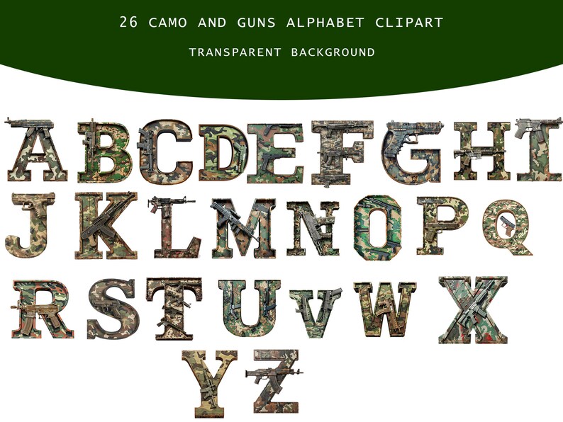 Watercolor Camo and Guns Alphabet Clipart, Military Alphabet, Military ...
