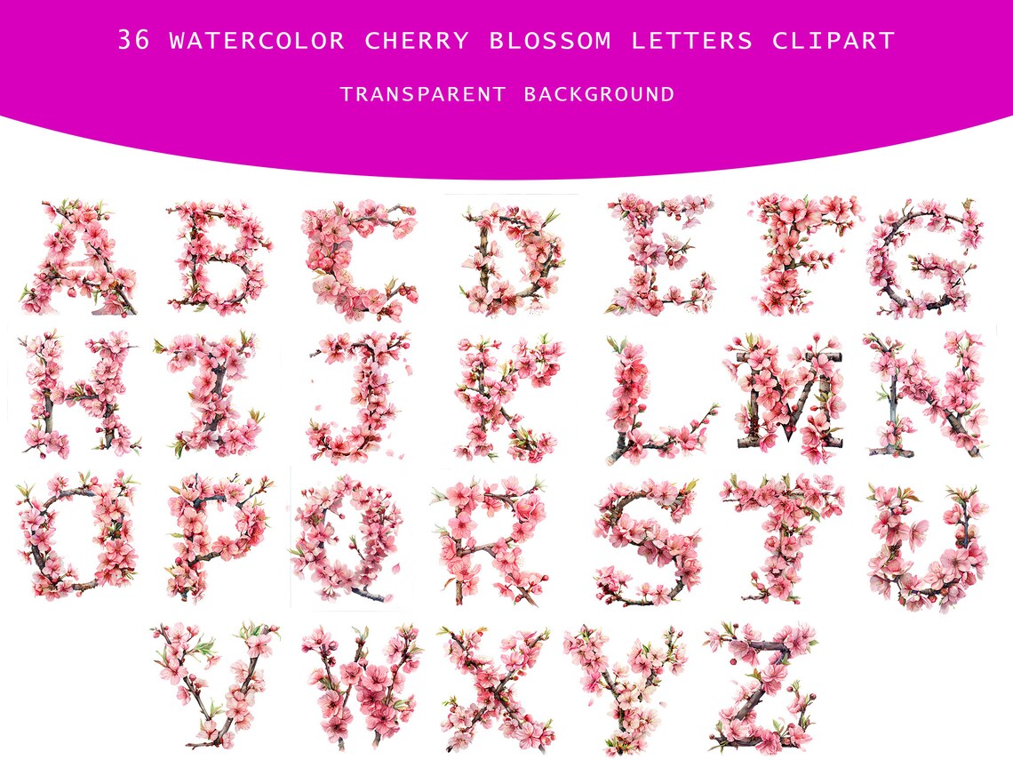 Watercolor Cherry Blossom Alphabet Clipart, Cherry Blossom Alphabet ...