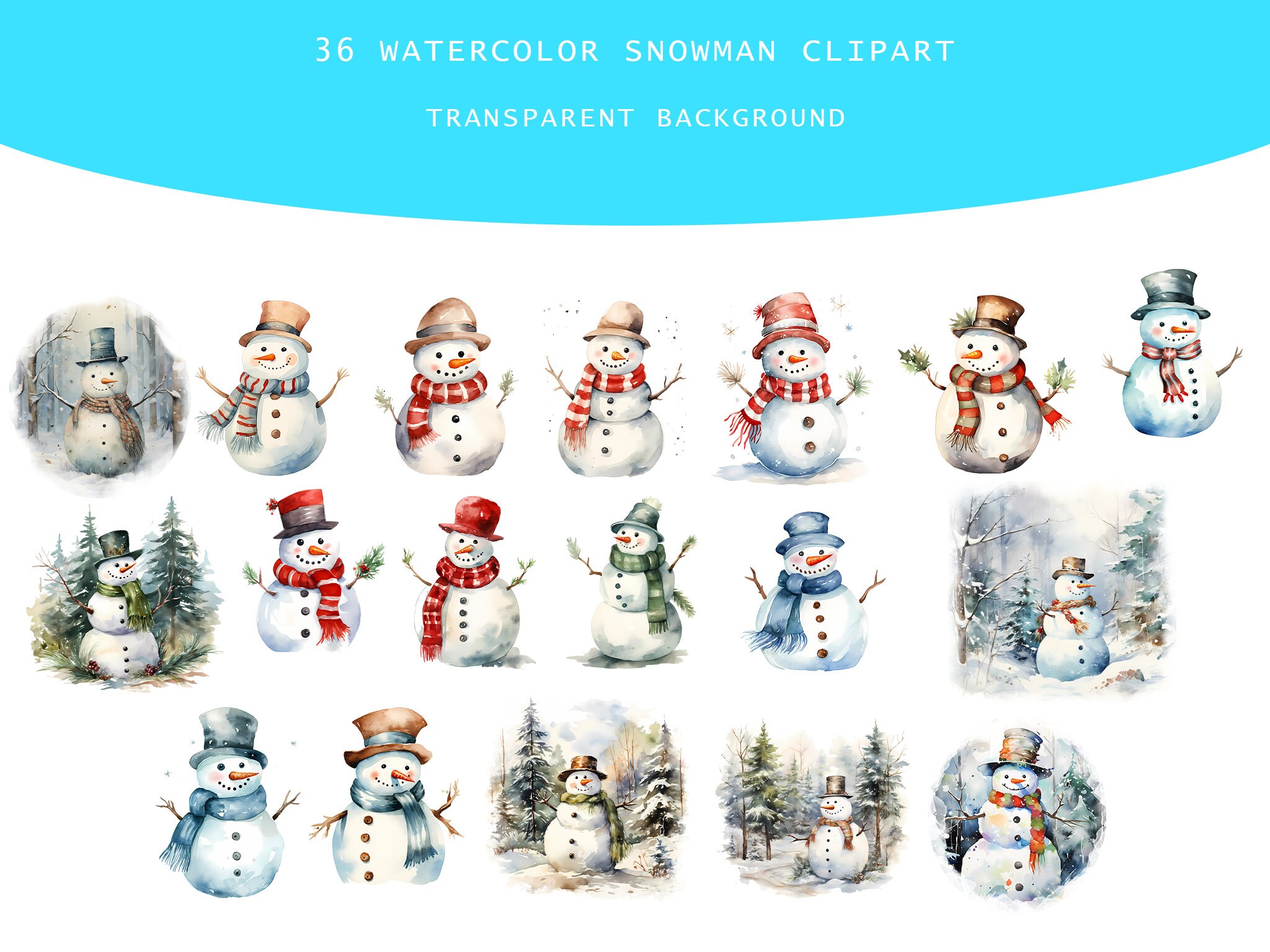 Watercolor Snowman Clipart - Cute Snow Christmas Snowmen Clip Art PNG ...