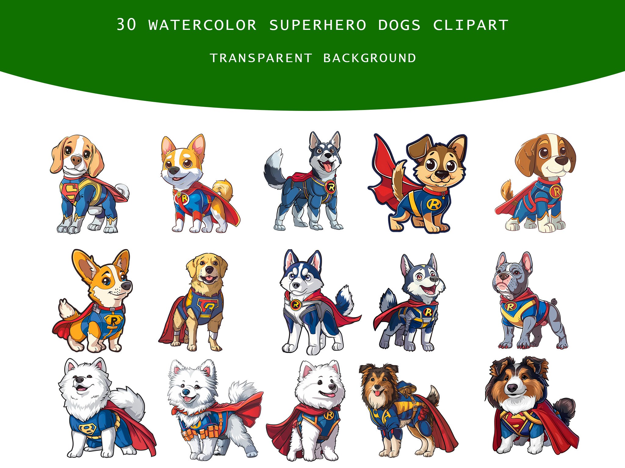 Watercolor Superhero Dogs Clipart, 30 PNG Superhero Dogs Clip Art ...