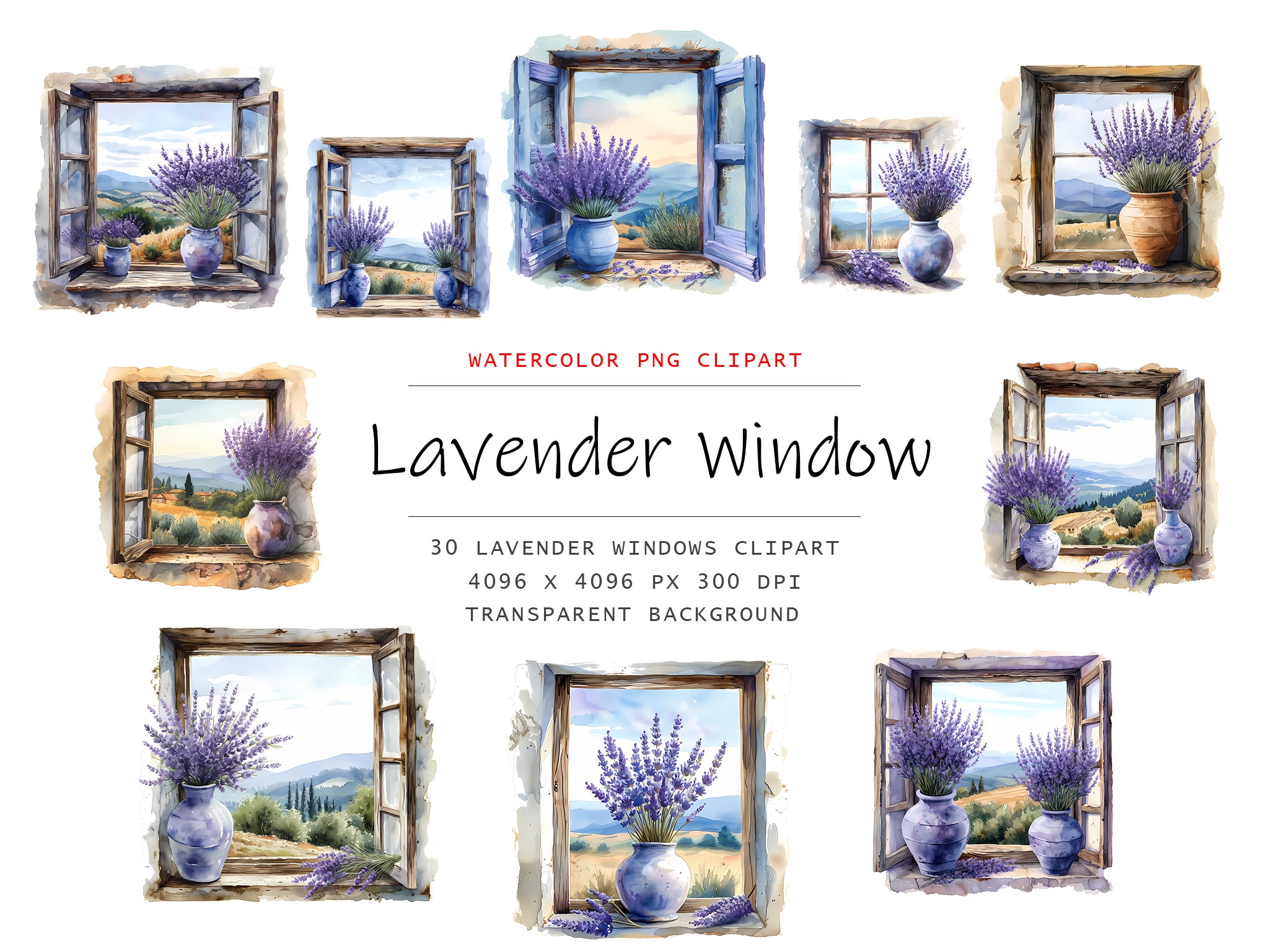 Watercolor Lavender Window Clipart, 30 High Quality JPEG and PNG Files ...