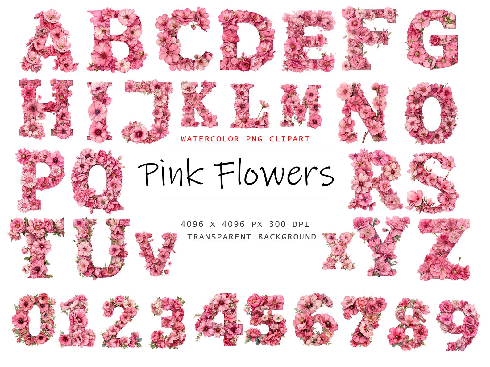 Watercolor Floral Pink Alphabet Clipart , Floral Alphabet, Transparent ...
