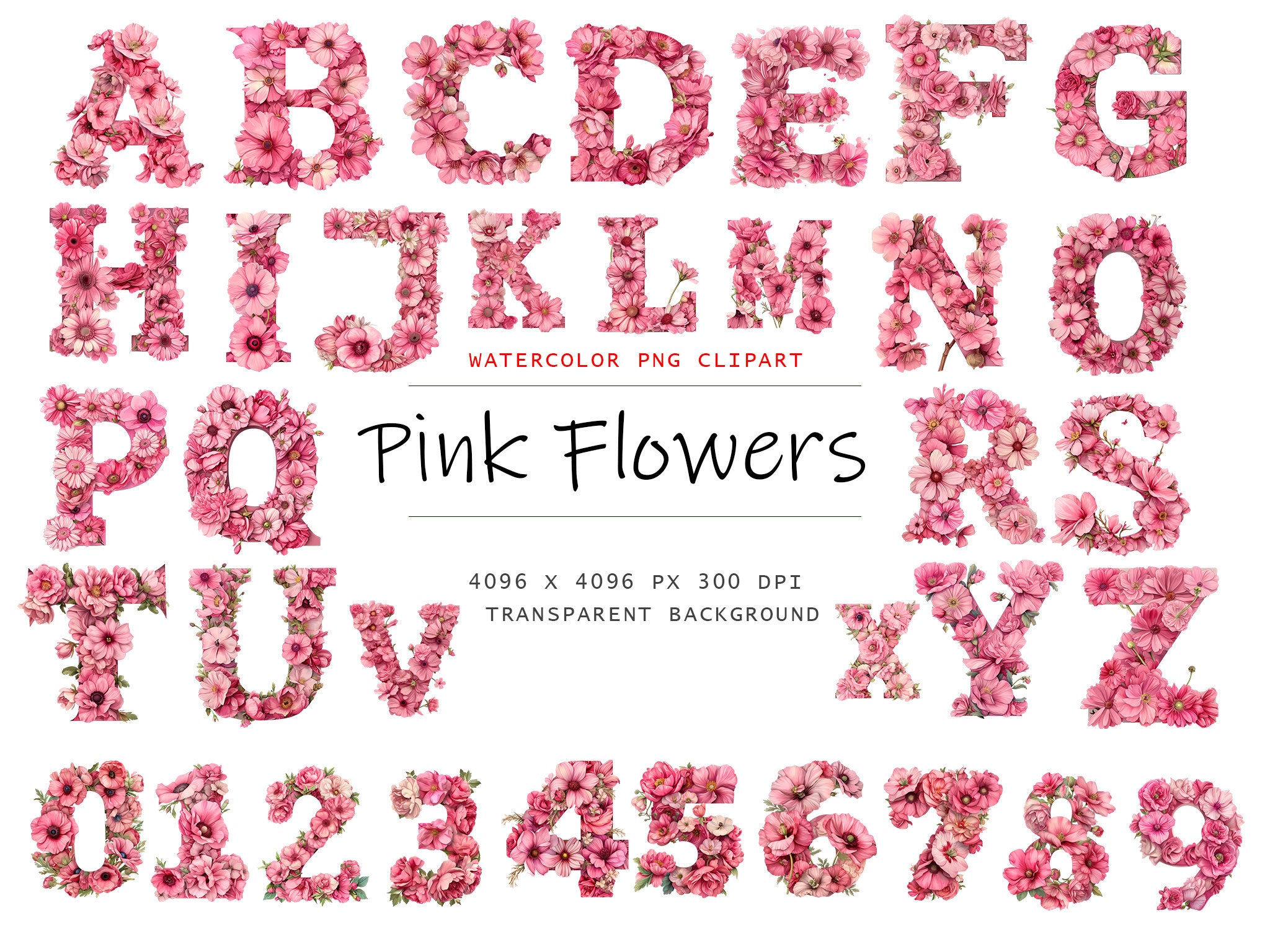 Watercolor Floral Pink Alphabet Clipart , Floral Alphabet, Transparent ...
