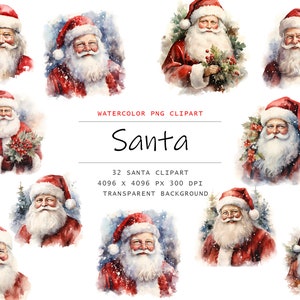 Watercolor Santa Clipart, 10 High Quality JPEG and PNG Files, Winter ...