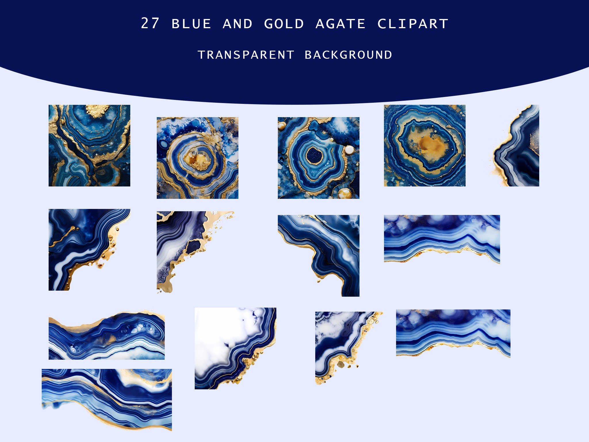 Navy and Gold Agate Borders, Digital Watercolor Geode PNG Overlays With ...