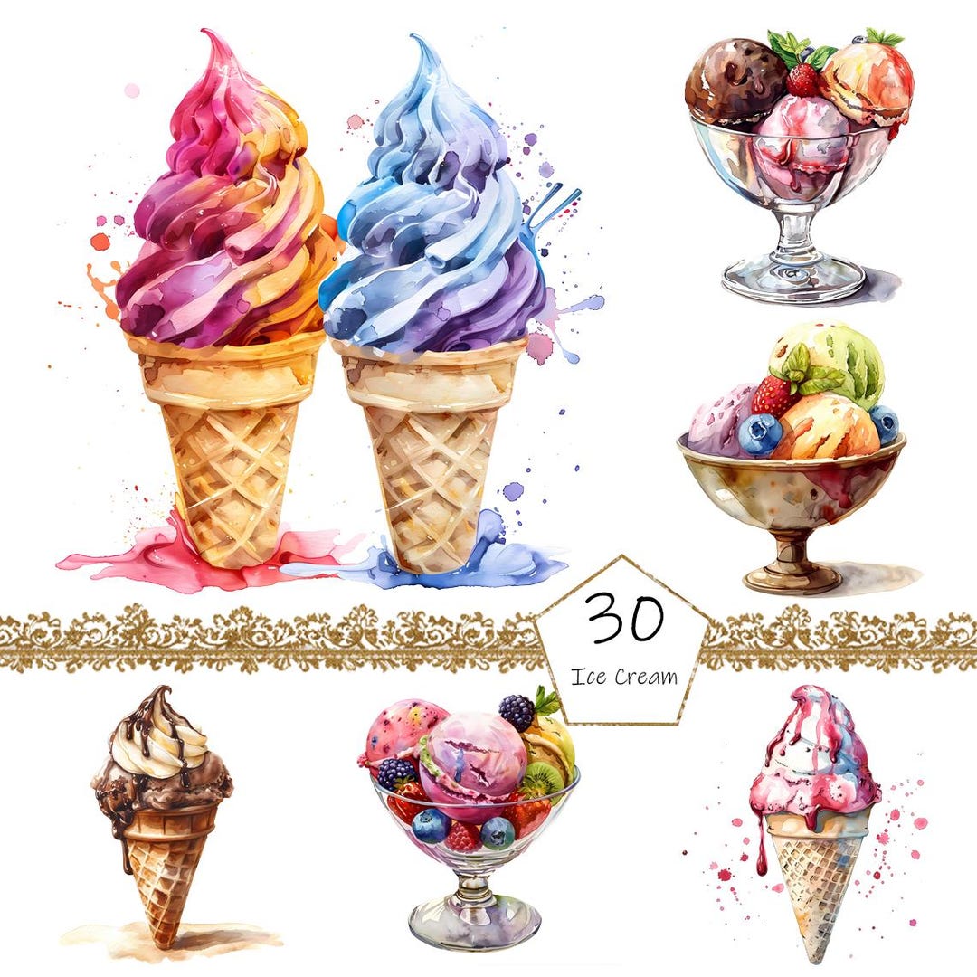 Watercolor Ice Cream Clipart, 30 PNG Summer Treats Clip Art, Sweet ...