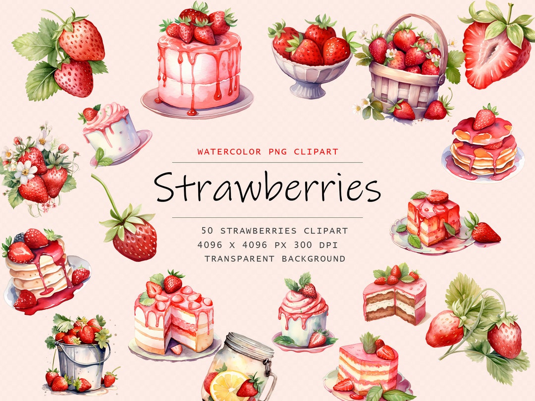 Watercolor Strawberries Clipart - Png Strawberry Cupcake and Shortcake ...